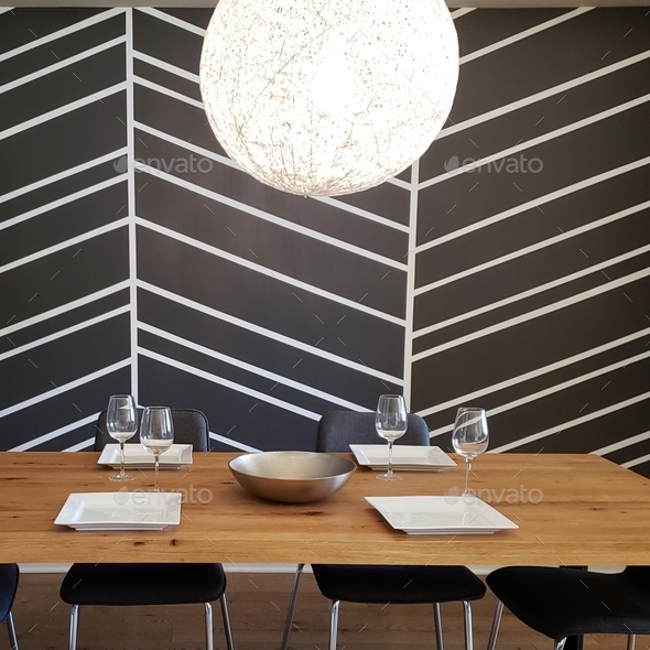 Geometric interior design using natural wood table geometric wallpaper ...