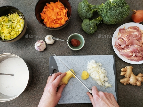Overhead shot food preparation dicing ingredients for Thai cuisine ...
