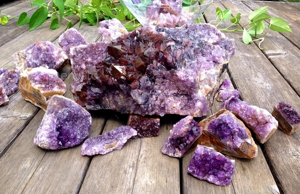 Raw amethyst from the mine, unpolished and untreated, pieces broken off ...
