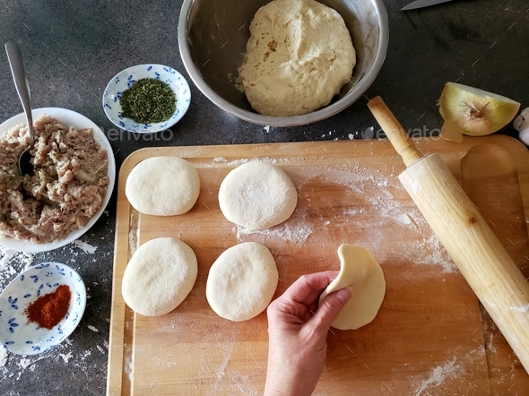 Traditional food, east European cuisine, bread stuffed with minced meat ...
