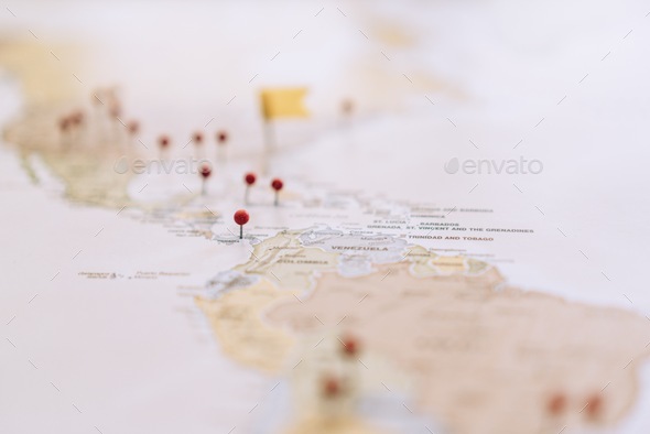 Travel map with pinned travel destinations Stock Photo by Elisall ...
