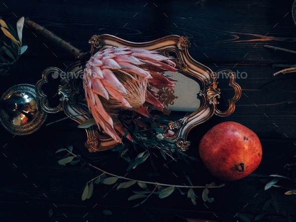 Garnet with vintage mirror and some nature details Stock Photo by ...