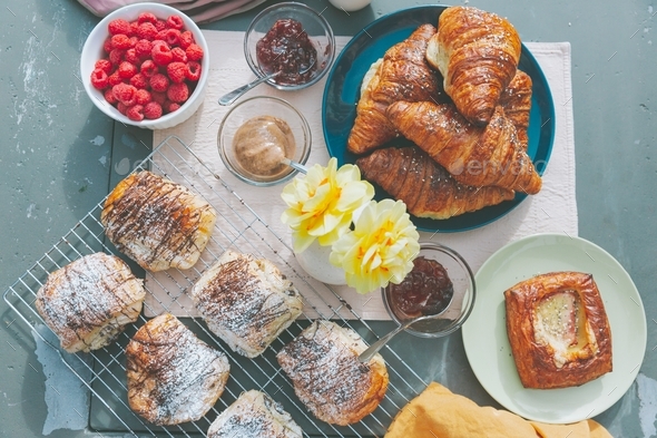 A top down view of a breakfast spread and croissants. Stock Photo by ...