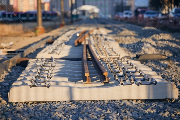 Construction site of railroad track. Building of new tram connection in ...