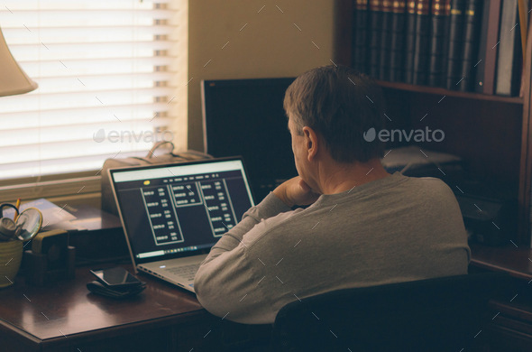 View from behind of an adult male looking at information on a computer ...