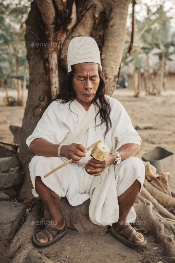Portrait of an Arhuaco indigenous dressed in his traditional dress sitting on the roots of a ...