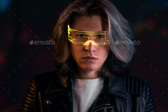 Metaverse digital cyber world technology, portrait of young man with ...
