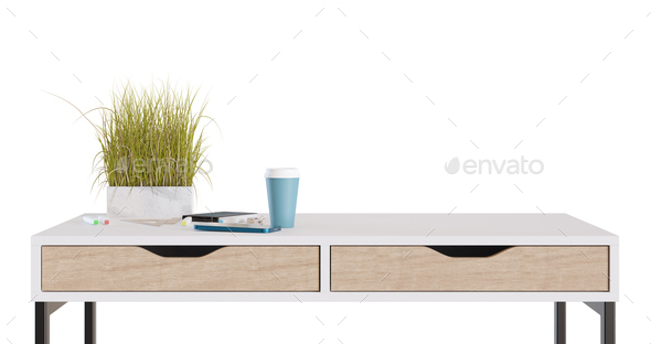 Wooden table with home or office accessories isolated on white ...