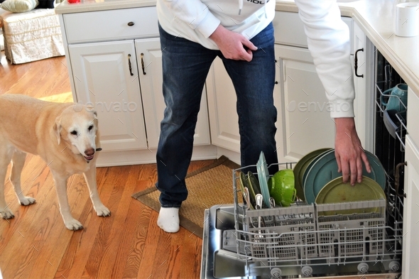 Man at home in the kitchen empting the dishwasher doing household ...