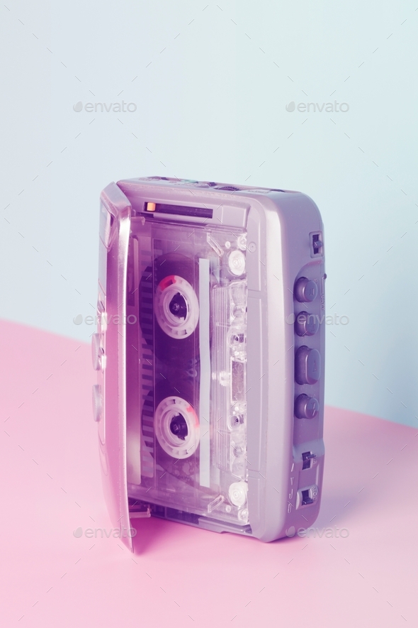 Old audio player with cassette on neon color. retro style. vintage ...
