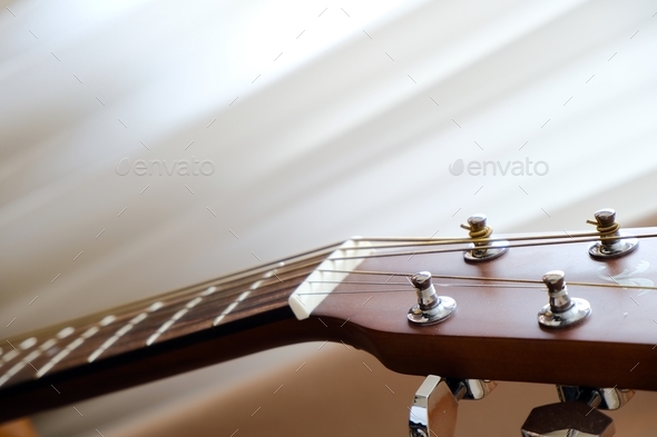 Guitar fretboard, strings and frets. Stringed musical instrument. The ...
