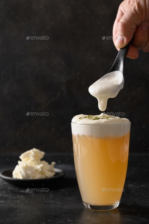 Chinese asian beverage cheese tea with layer of whipped cream cheese ...
