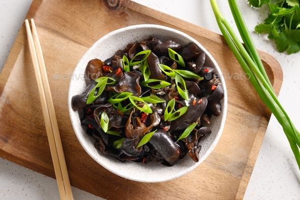 Chinese tree ear black muer mushrooms with chilli pepper and coriander ...