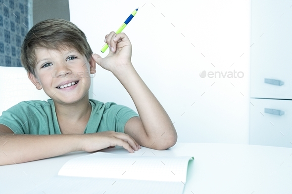 Smiling schoolboy does his homework at home. Light background, green ...