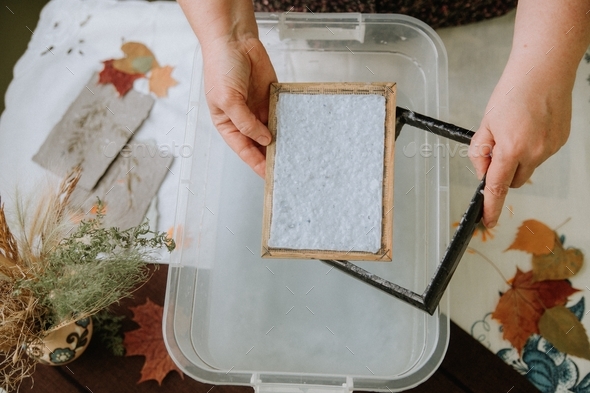 Formation of a leaf using a manual form from paper pulp and a dry plant ...