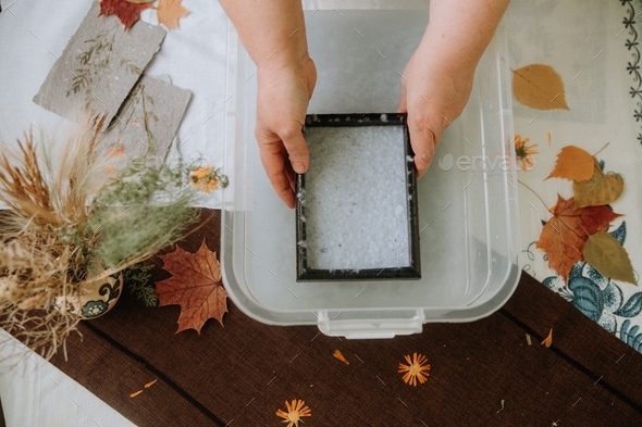 Formation of a leaf using a manual form from paper pulp and a dry plant ...