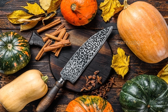 Food cooking background on Thanksgiving day or autumn pumpkin holiday ...