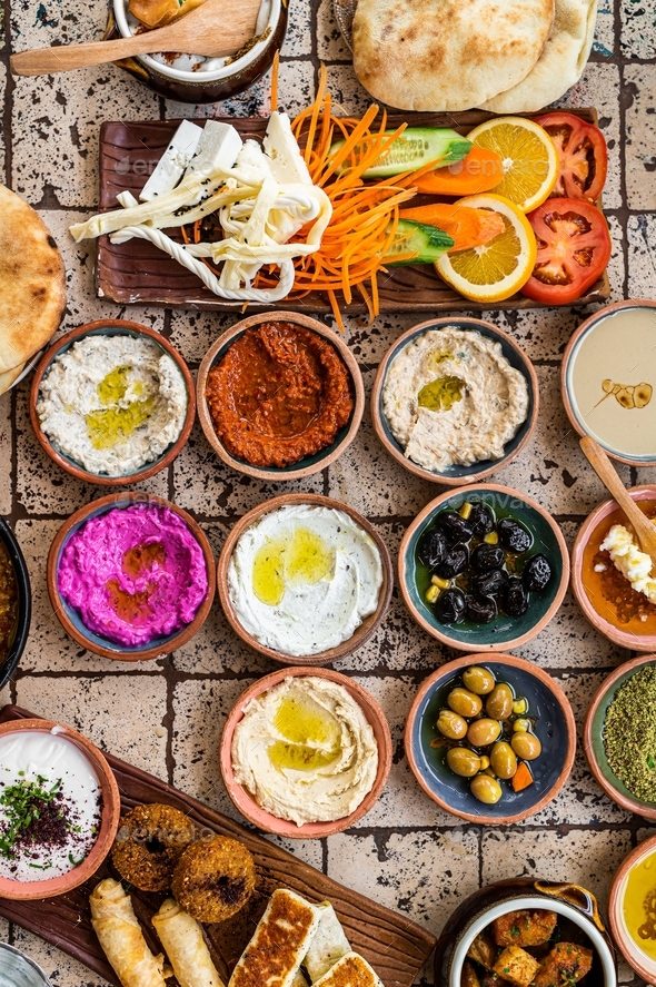 Traditional Turkish Village Breakfast on the ceramic table with ...