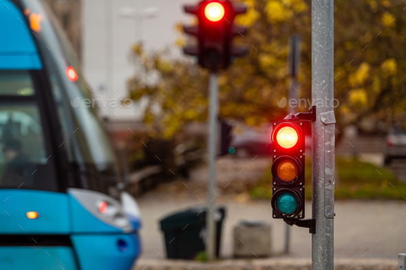 traffic light on the street junction with beautiful bokeh, city with ...