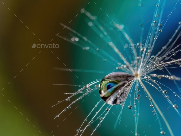 Macro blob with peacock feather reflection. Dandelion fluff covered ...
