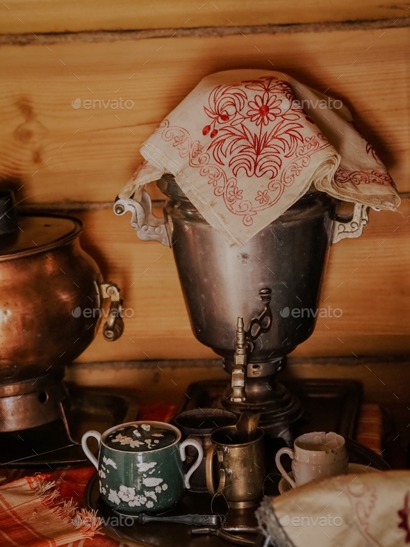 Vintage samovar. Vintage Russian kettle for boiling water. Drink tea ...