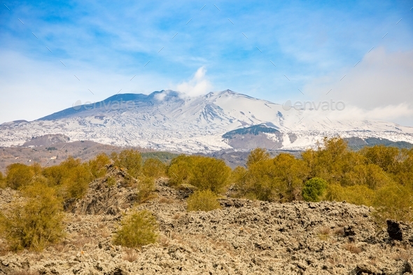 Etna Volcano with smoke in winter, volcano landscape from Catania ...