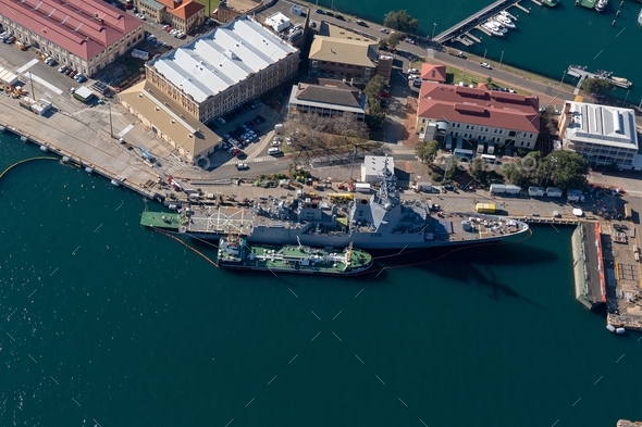 aerial view of naval base ship, Australian Royal Navy ship in dock ...