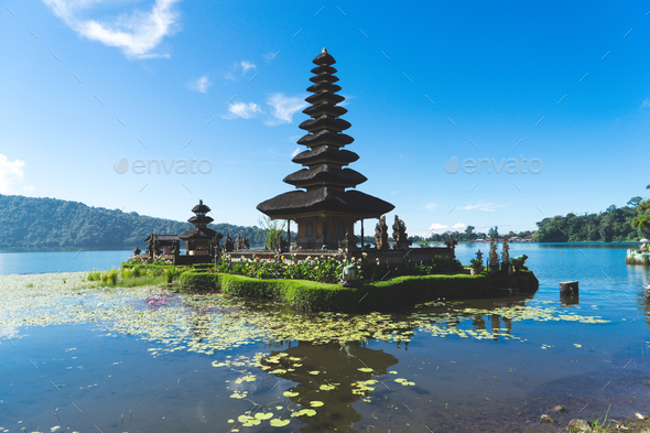 Floating temple in Bali, Indonesia with beautiful lily pads Stock Photo ...