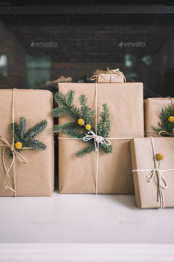 Modern Minimal Gift Wrapping Christmas Presents Stock Photo by MikeeRogers