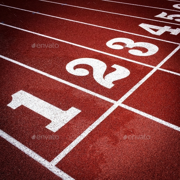 Running track start line with serif font numbers Stock Photo by naokawa