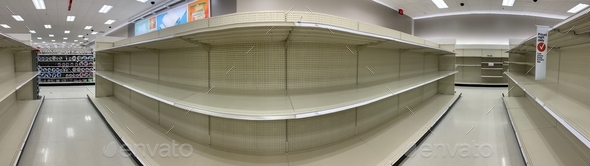 Empty Toilet Paper aisle at local super market during COVID-19 ration Stock Photo by naokawa
