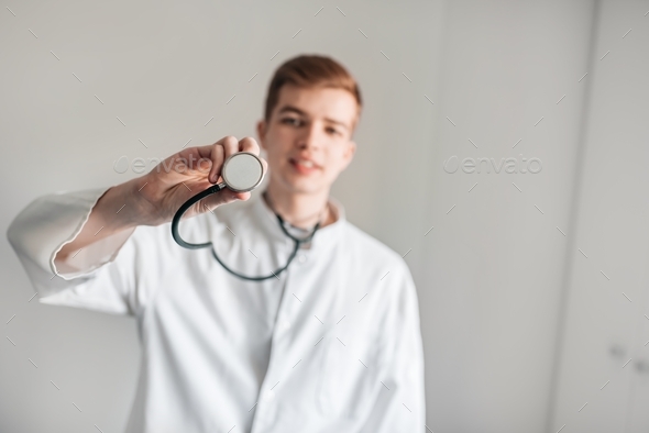 guy, doctor, student, gown, vaccine, clinic, young, stethoscope, smile ...