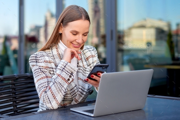 working in modern offices. self employed business woman work remote on ...