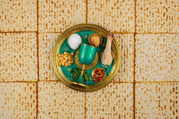 Jewish matzah, kiddush and seder with egg, bone, herbs and walnuts ...