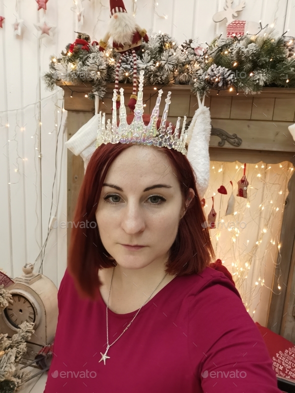 Snow queen. Red haired woman with crown Stock Photo by yesphotowrite