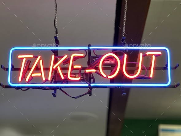 restaurant neon sign advertising where to order and pick up your take ...