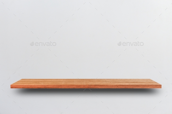 Front view empty wooden shelf and grey wall. Design concept Stock Photo ...