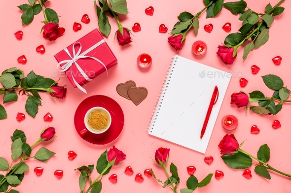 Writing prompts for Valentine's day. Flat lay with red roses, coffee ...