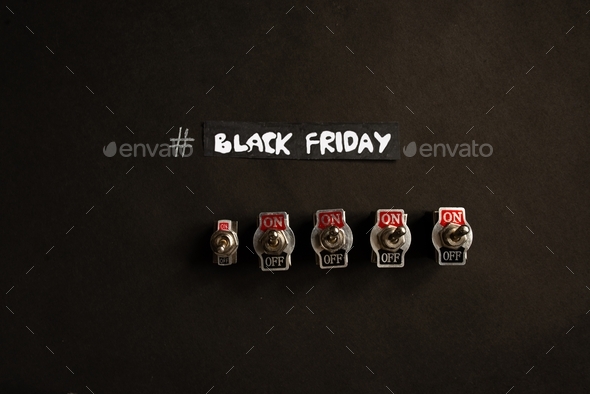 Black Friday hashtag on black background and many on / off toggle ...