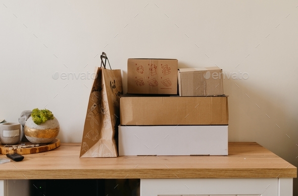 received boxes from shopping online, delivery service, at home, packing ...