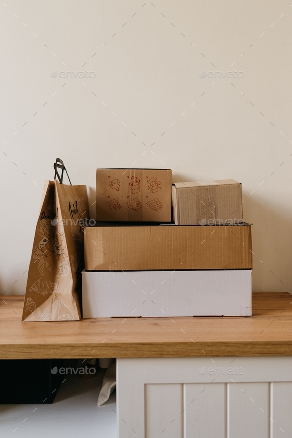 received boxes from shopping online, delivery service, at home, packing ...