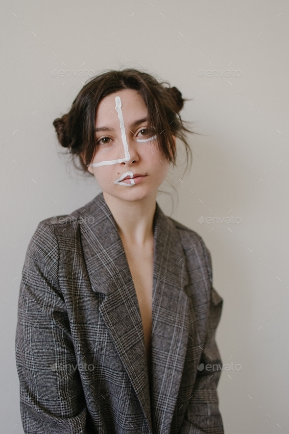 portrait, painted face, no emotions, art, style Stock Photo by Nadiastep