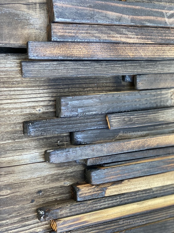 Rustic reclaimed burned touched wood planks Stock Photo by statuslapa