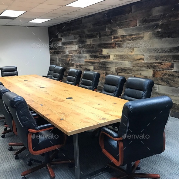 Conference room table office chairs rustic reclaimed wood wood wall ...