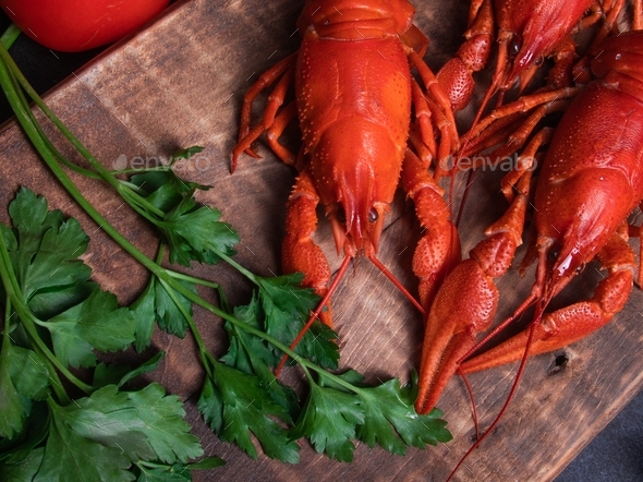 boiled red crayfish background for menu. top view, close up photo. a ...