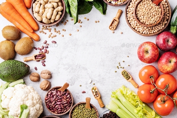 Healthy eating. Healthy foods top view flat lay on wooden background ...