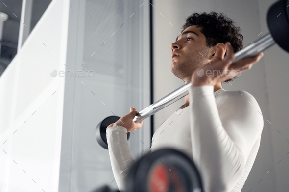 barbell cardio exercise for biceps body, trainer athlete doing sports ...