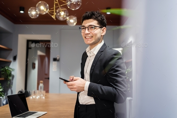 man video call online communication uses laptop, working in office ...