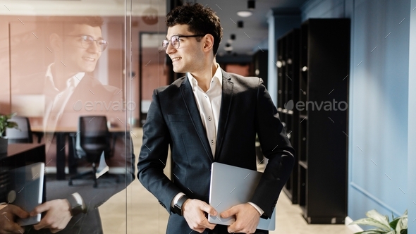 man video call online communication uses laptop, working in office ...