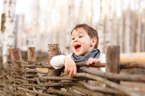 Little boy laughing while standing at wooden fence Stock Photo by ...